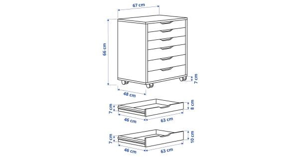 IKEA ALEX Drawer unit on castors white stained oak effect 67x66 cm